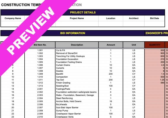 Construction Bid Tabulation | Hourly Workforce Tracking